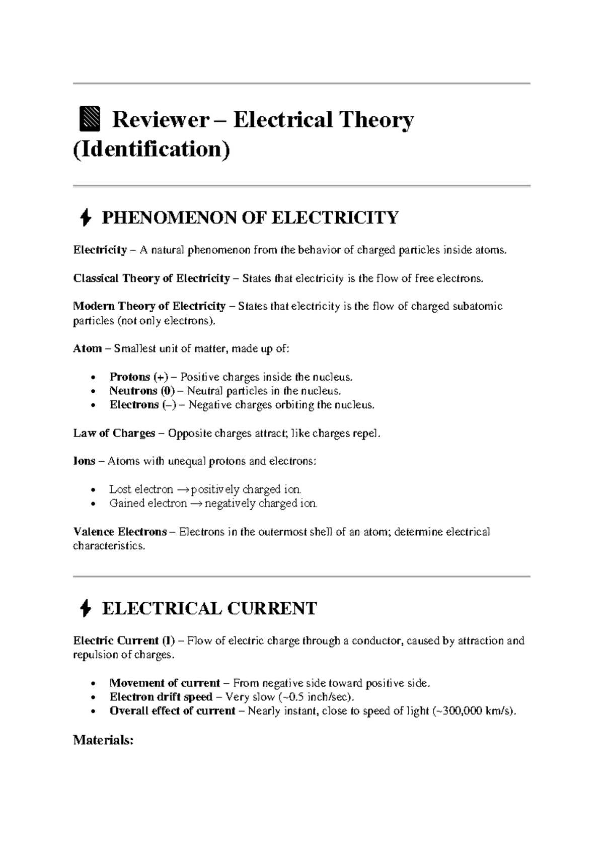 Reviewer - Electrical Theory Overview (PHENOMENON OF ELECTRICITY) - Studocu