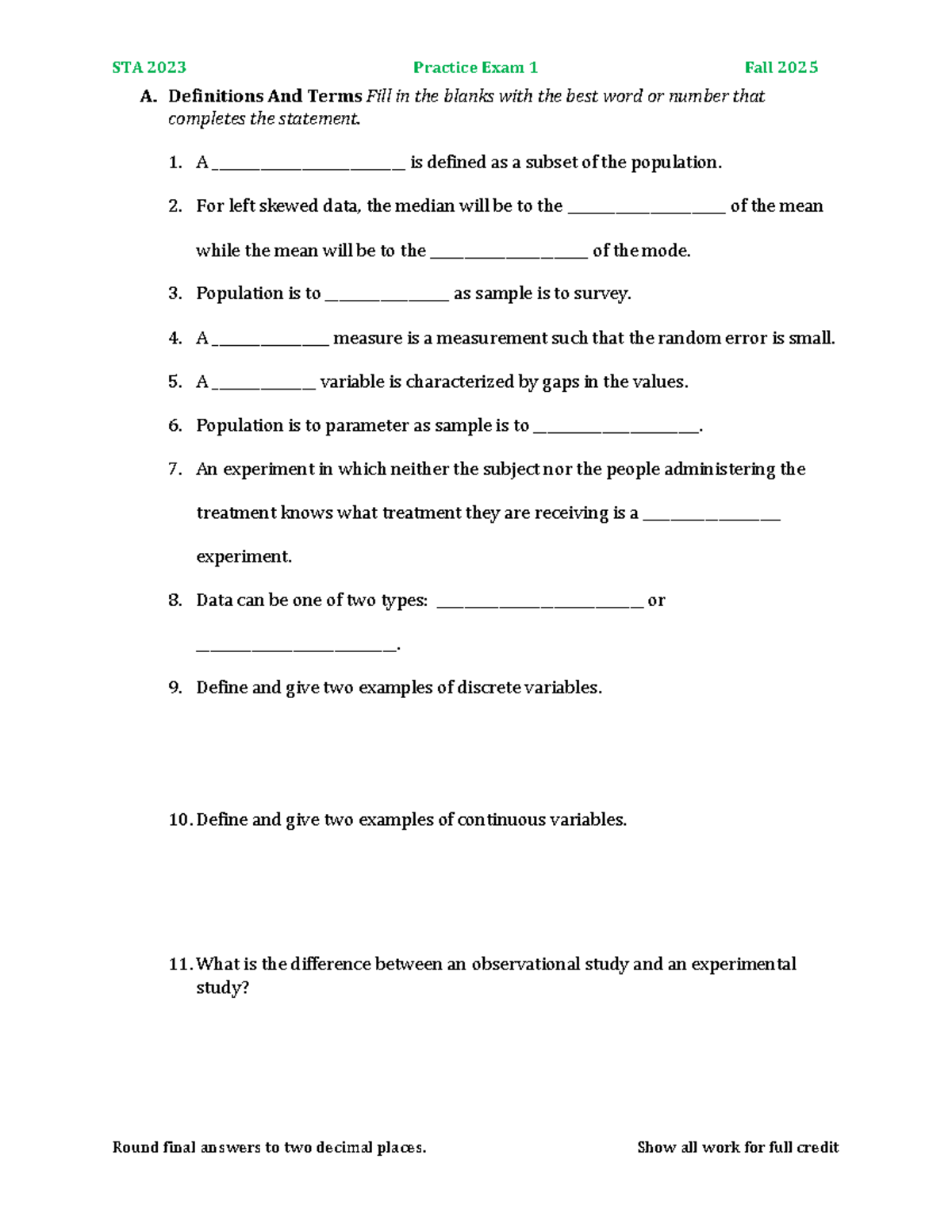 STA 2023 Fall 2025 Practice Exam 1: Definitions, True/False, and ...