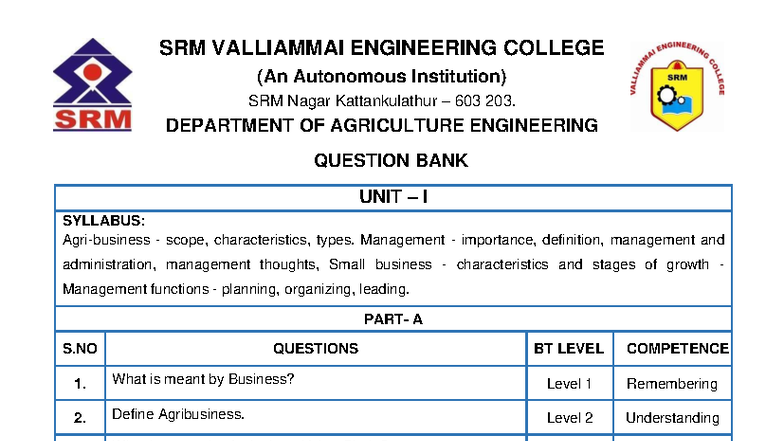 Question Bank for ABM 101: Agricultural Business Management - Unit I ...