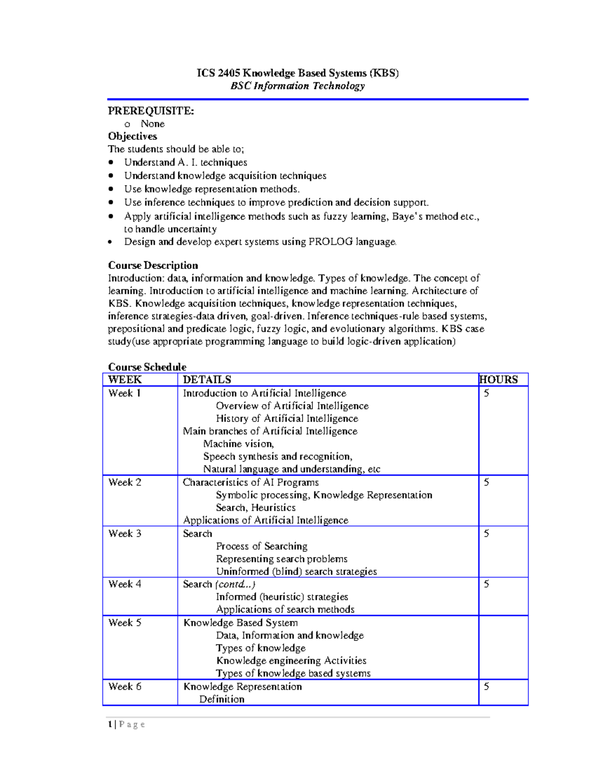 ICS 2405 Knowledge Based Systems Course Outline and Schedule - Studocu