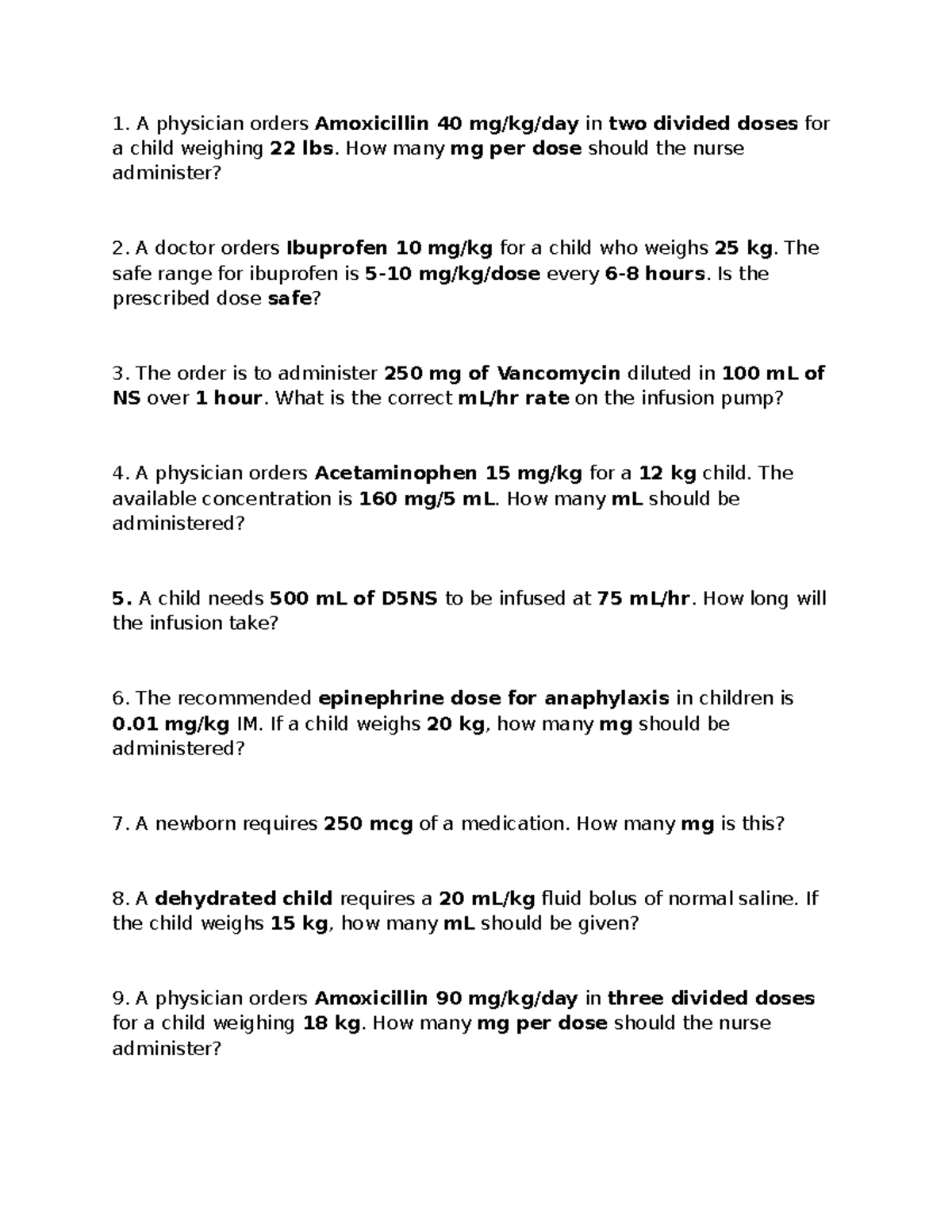 Pediatric Med Math Practice: Dosage Calculations for Children - Studocu