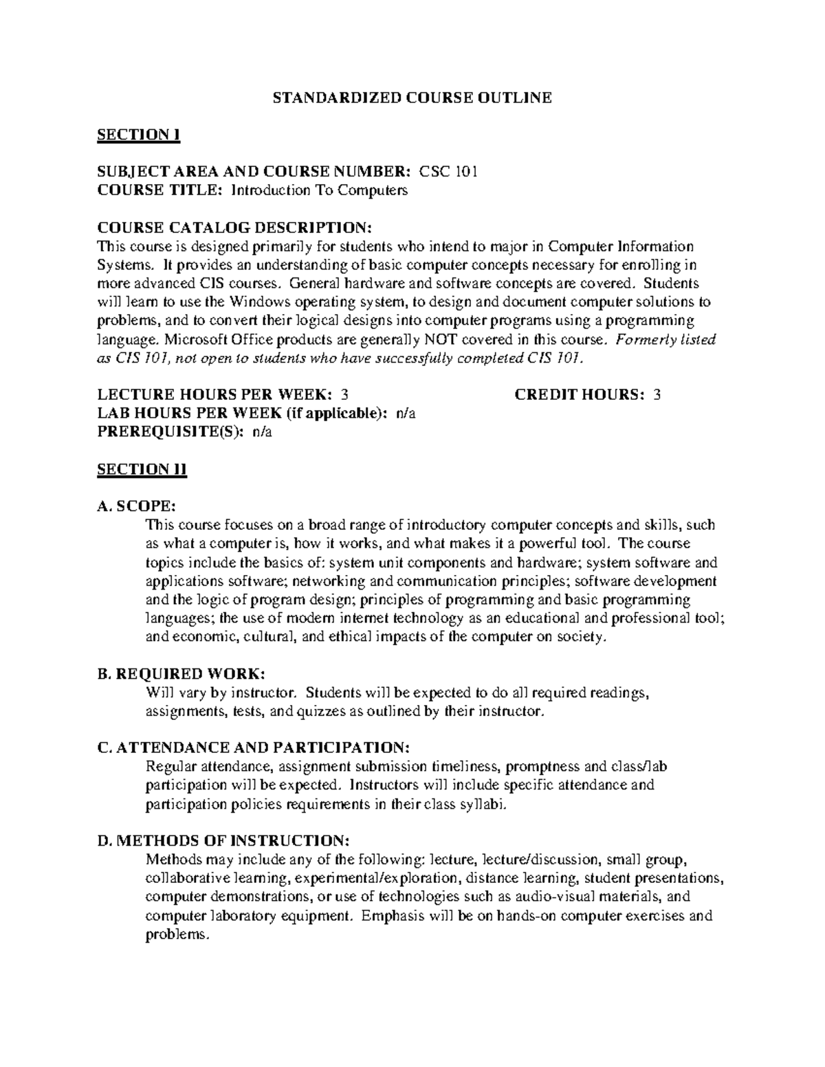 CSC-101 - Intro to Computer Science Course Outline and Objectives - Studocu