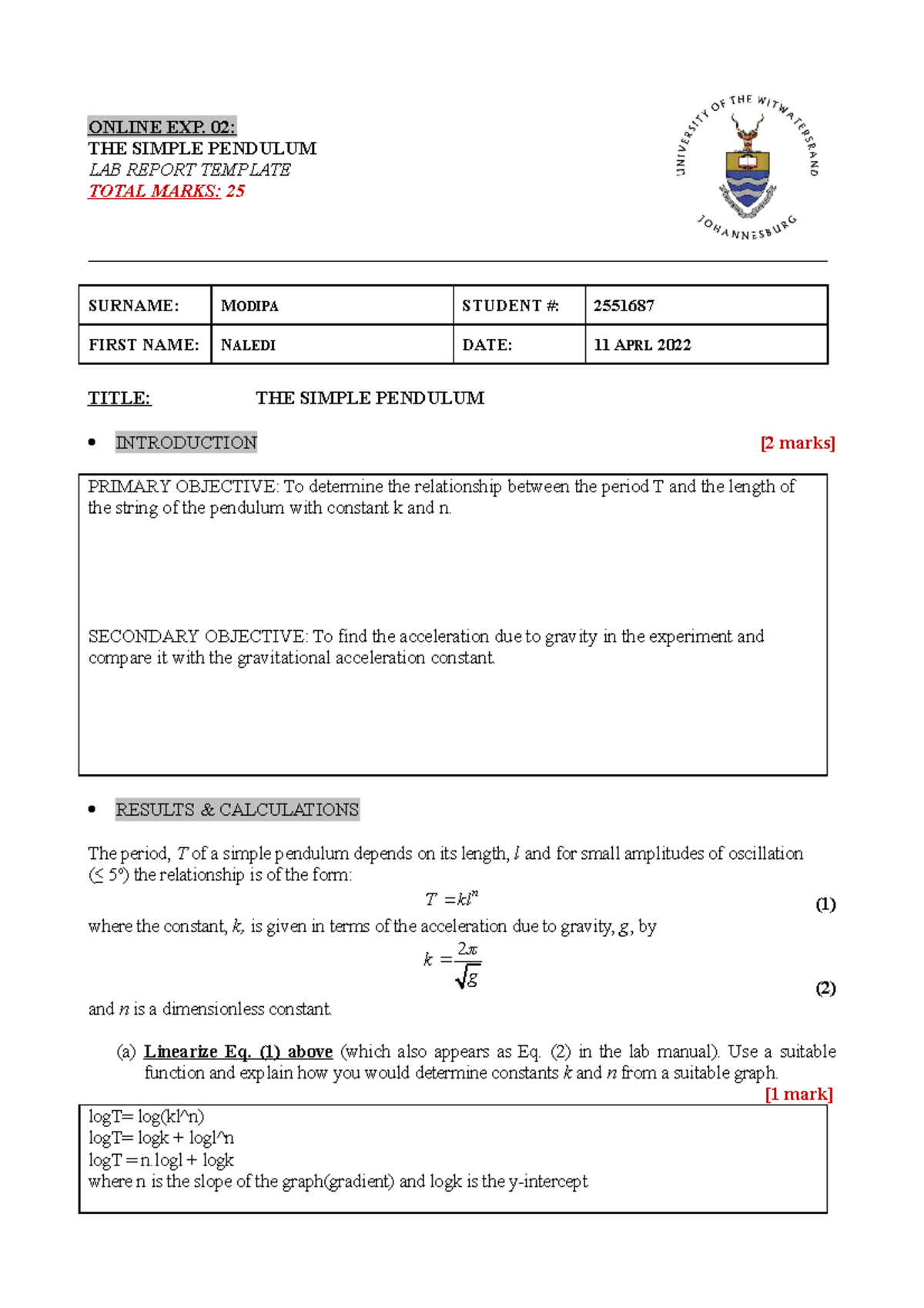 Online Exp02 - Simple Pendulum - Lab Report Template & Results - Studocu