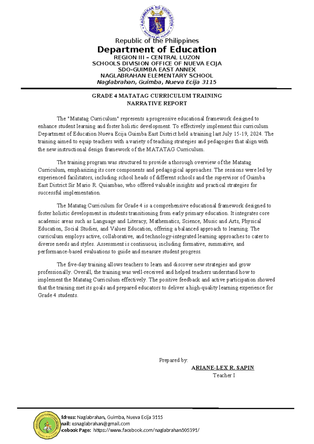 Narrative Report on Grade 4 MATATAG Curriculum Training - Studocu