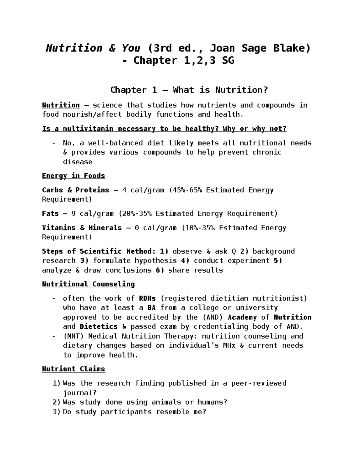 Nutrition (3rd ed., Joan Sage Blake) - Ch. 1, 2, 3 Study Guide - Studocu