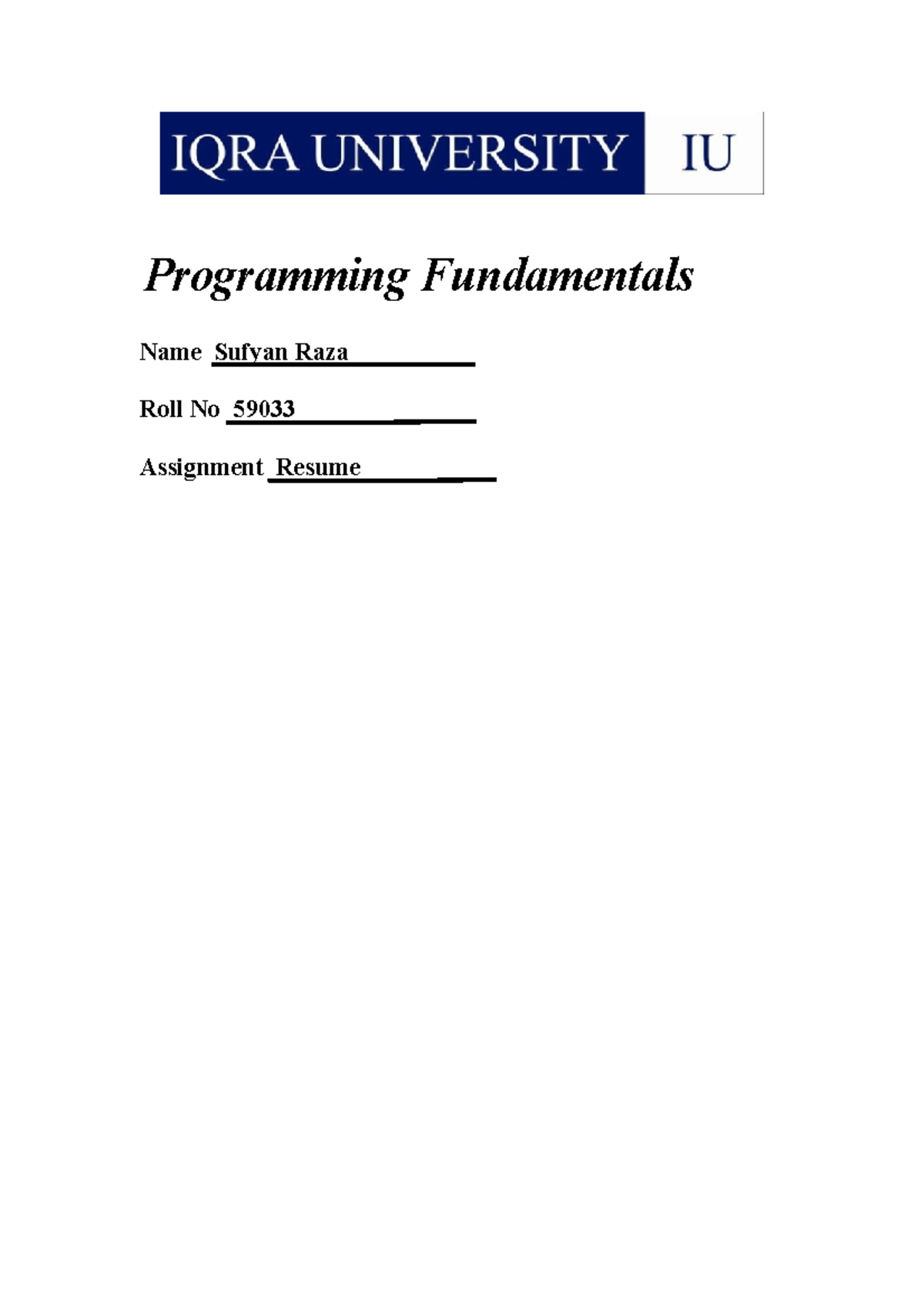 CS101 - Programming Fundamentals Assignment 1: Resume Draft - Studocu