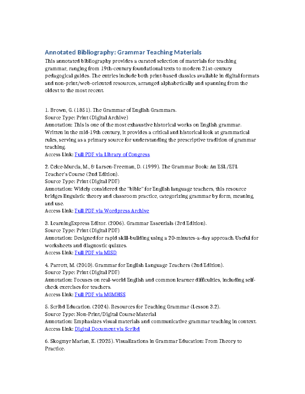 Annotated Bibliography: Grammar Teaching Materials (ENG 101) - Studocu