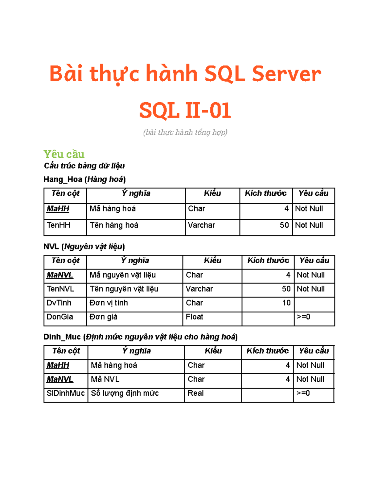 Bài Thực Hành SQL Server: Cấu Trúc Bảng Dữ Liệu và Truy Vấn - Studocu