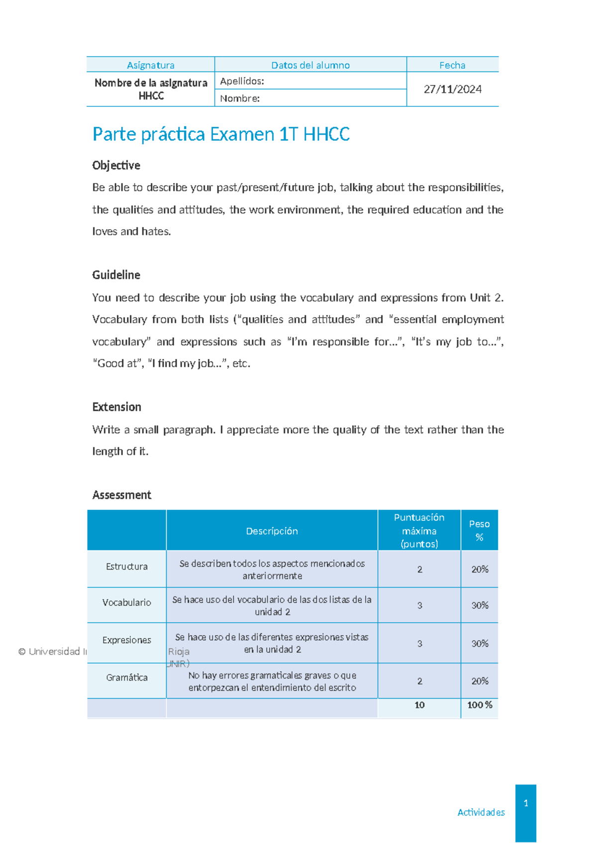 Parte Práctica: Examen 1T HHCC - Descripción de Trabajo y Vocabulario ...