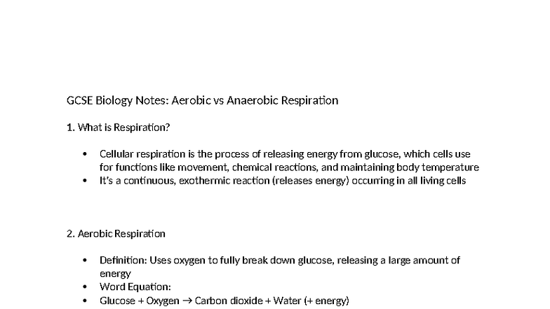 GCSE Biology Notes: Aerobic vs Anaerobic Respiration - Studocu