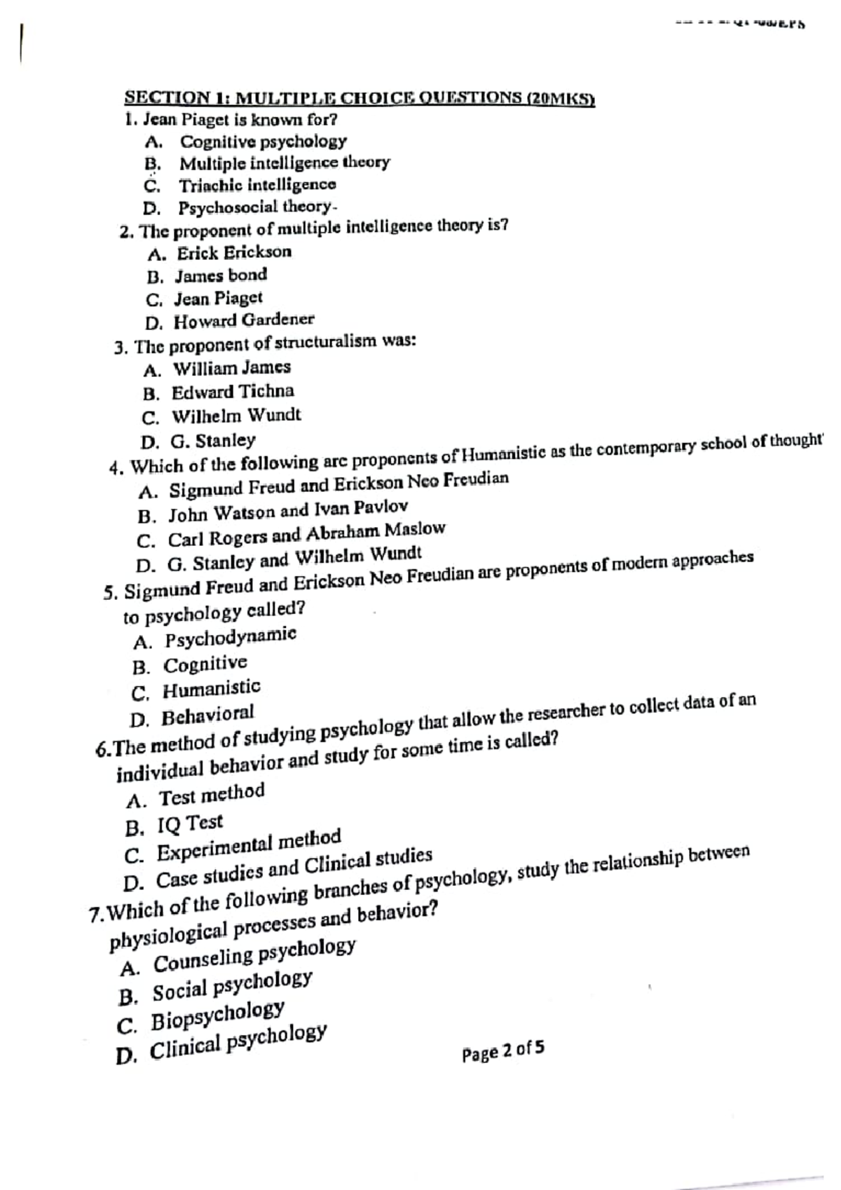 Psychology 1.1 exam - Revision - SECTION 1: MULTIPLE CHOICE QUESTIONS ...
