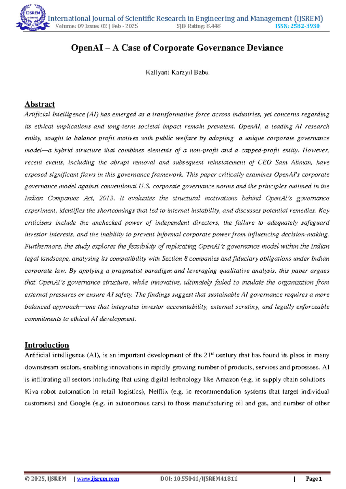 IJSREM 09(02) 2025: Analyzing Corporate Governance Deviance in OpenAI ...