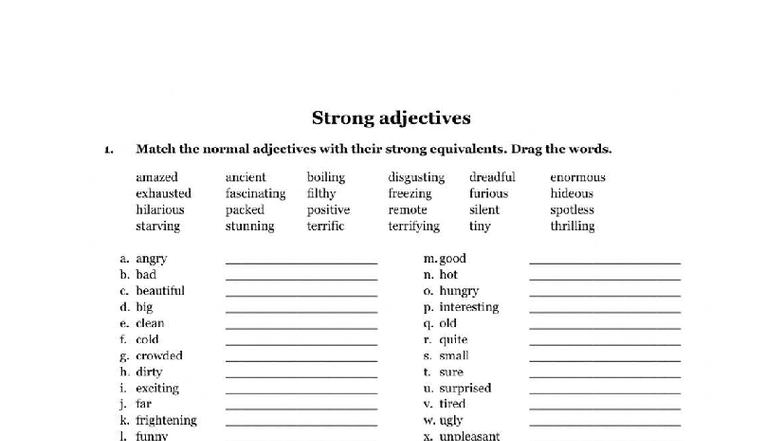 Strong Adjectives Worksheet 102499: Matching & Sentence Completion ...