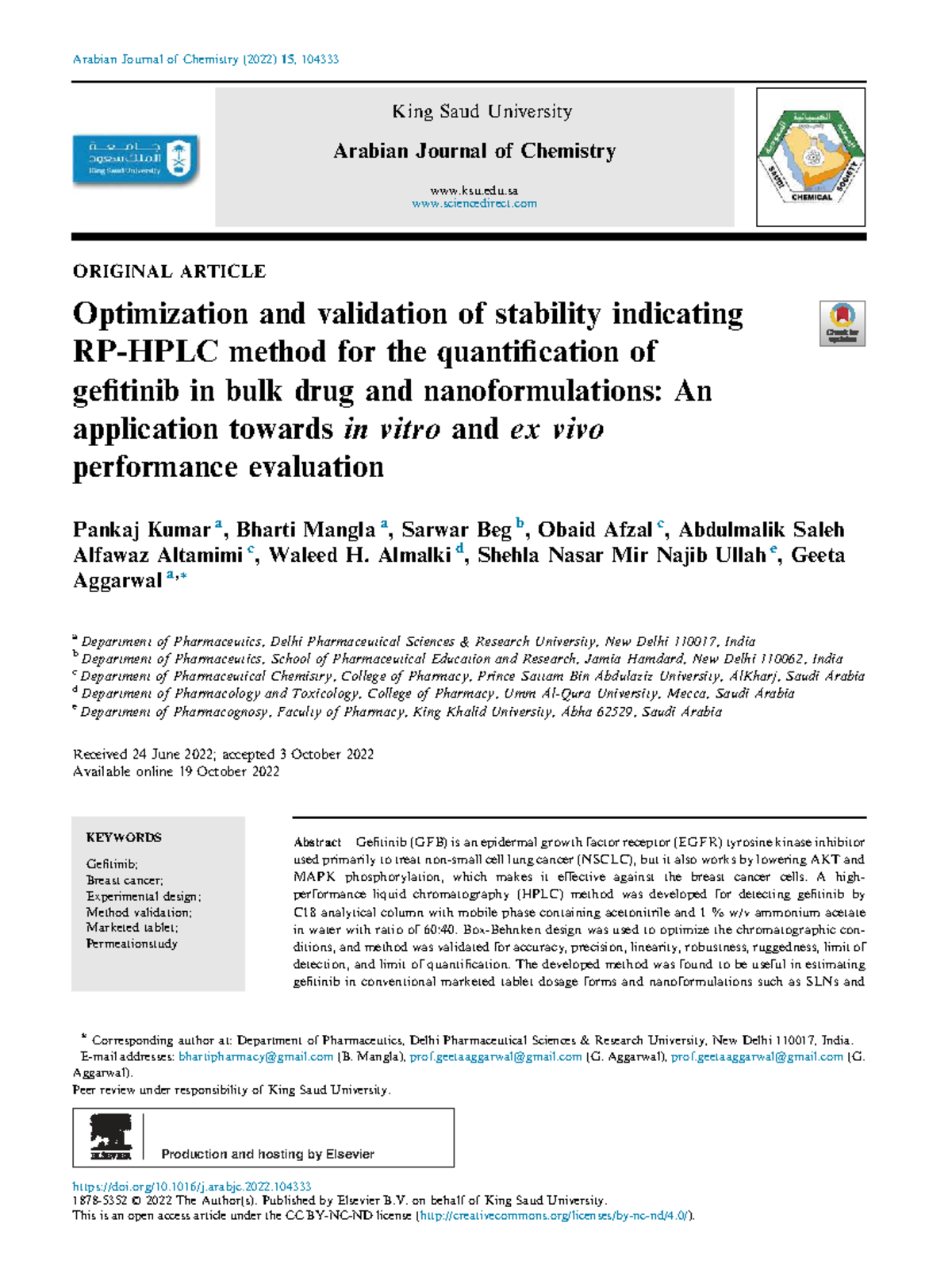 Optimization and Validation of HPLC Method for Gefitinib Quantification ...