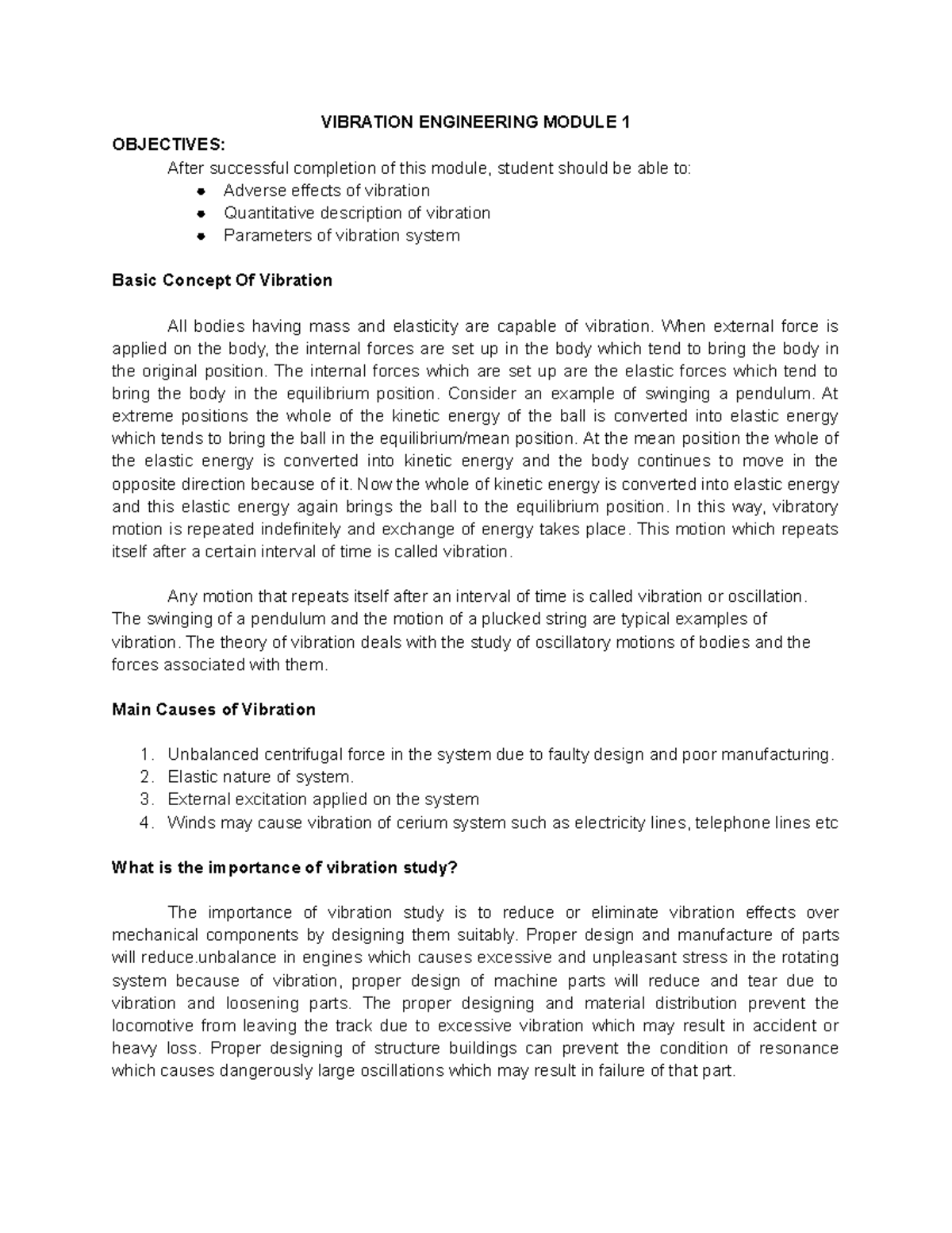 VIBRATION ENGINEERING: MODULE 1 - CONCEPTS & IMPORTANCE - Studocu