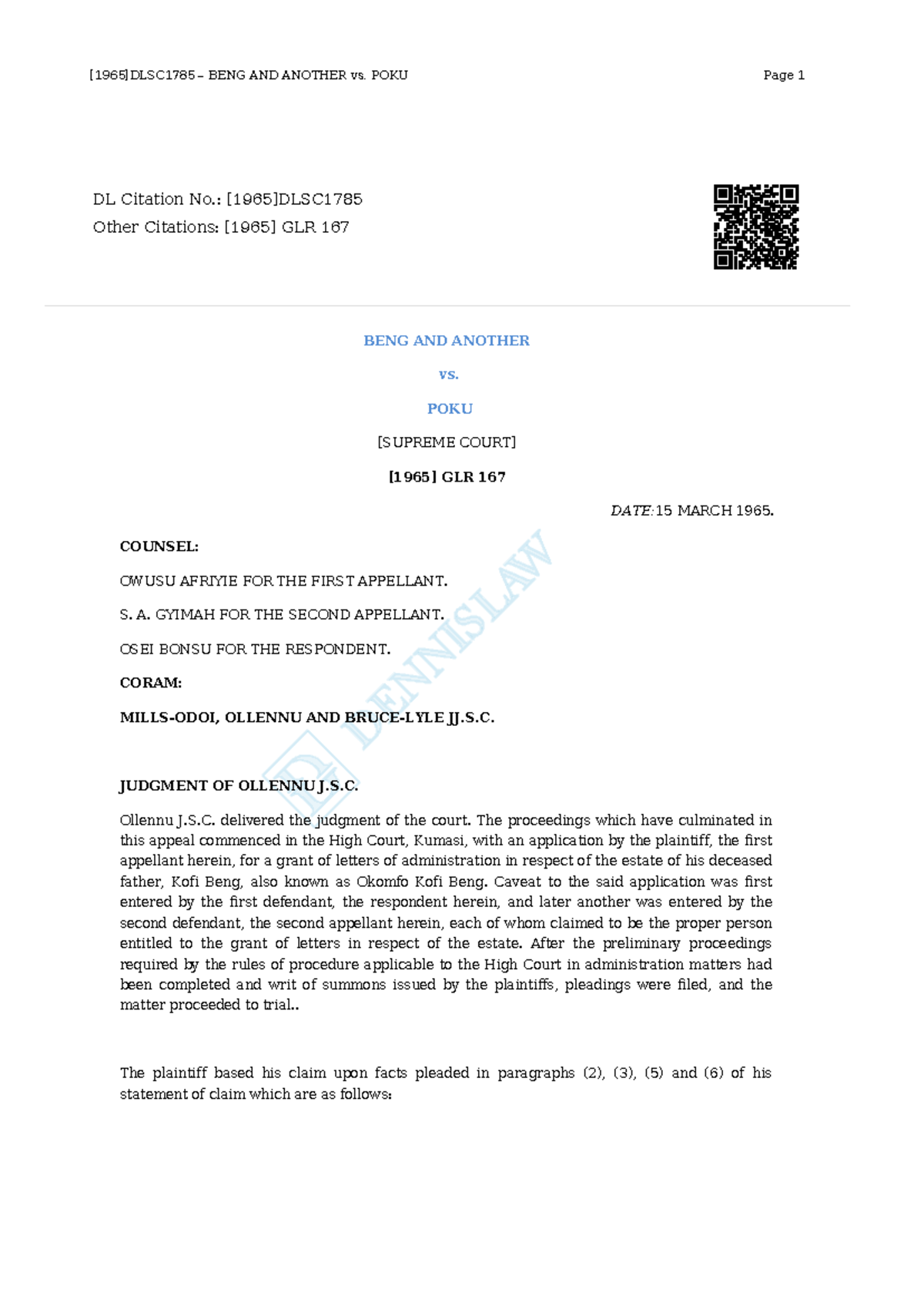 BENG AND ANOTHER vs. POKU: Case Analysis and Judgment [1965] DLSC 1785 ...