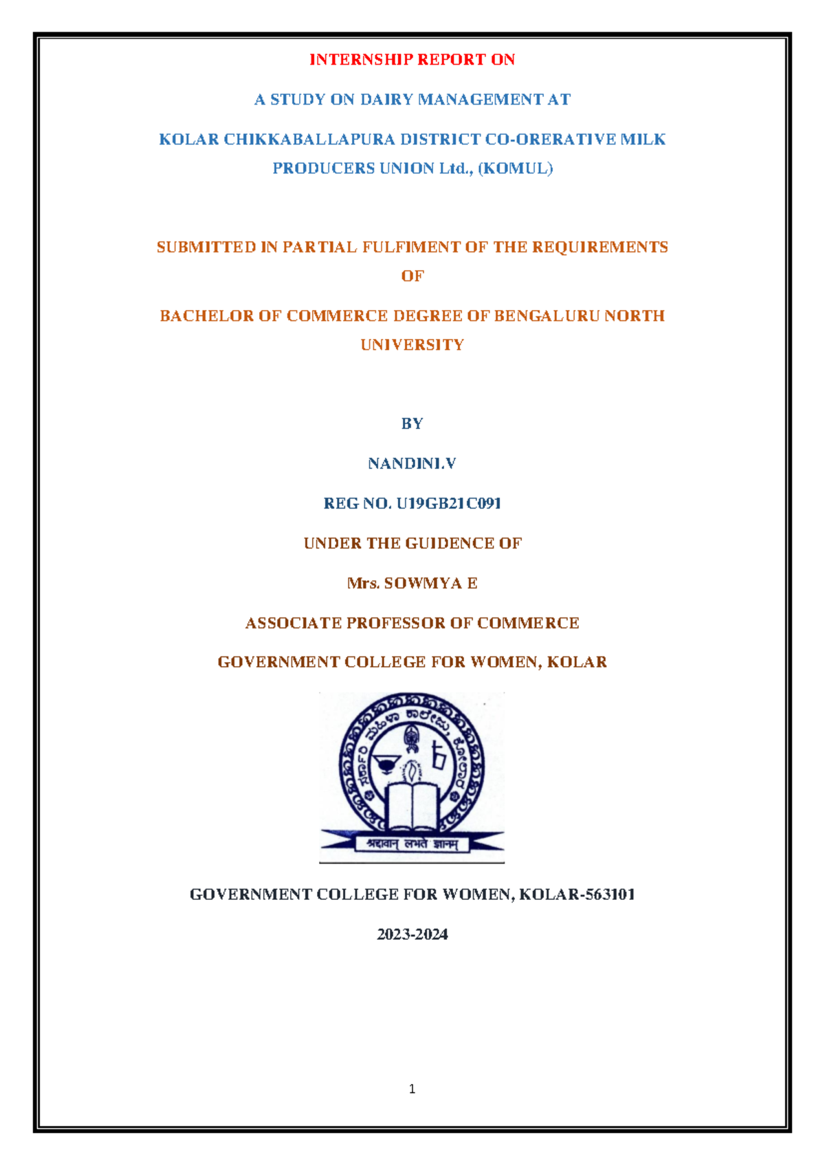 Internship Report on Dairy Management at KOMUL - BCOM U19GB21C - Studocu