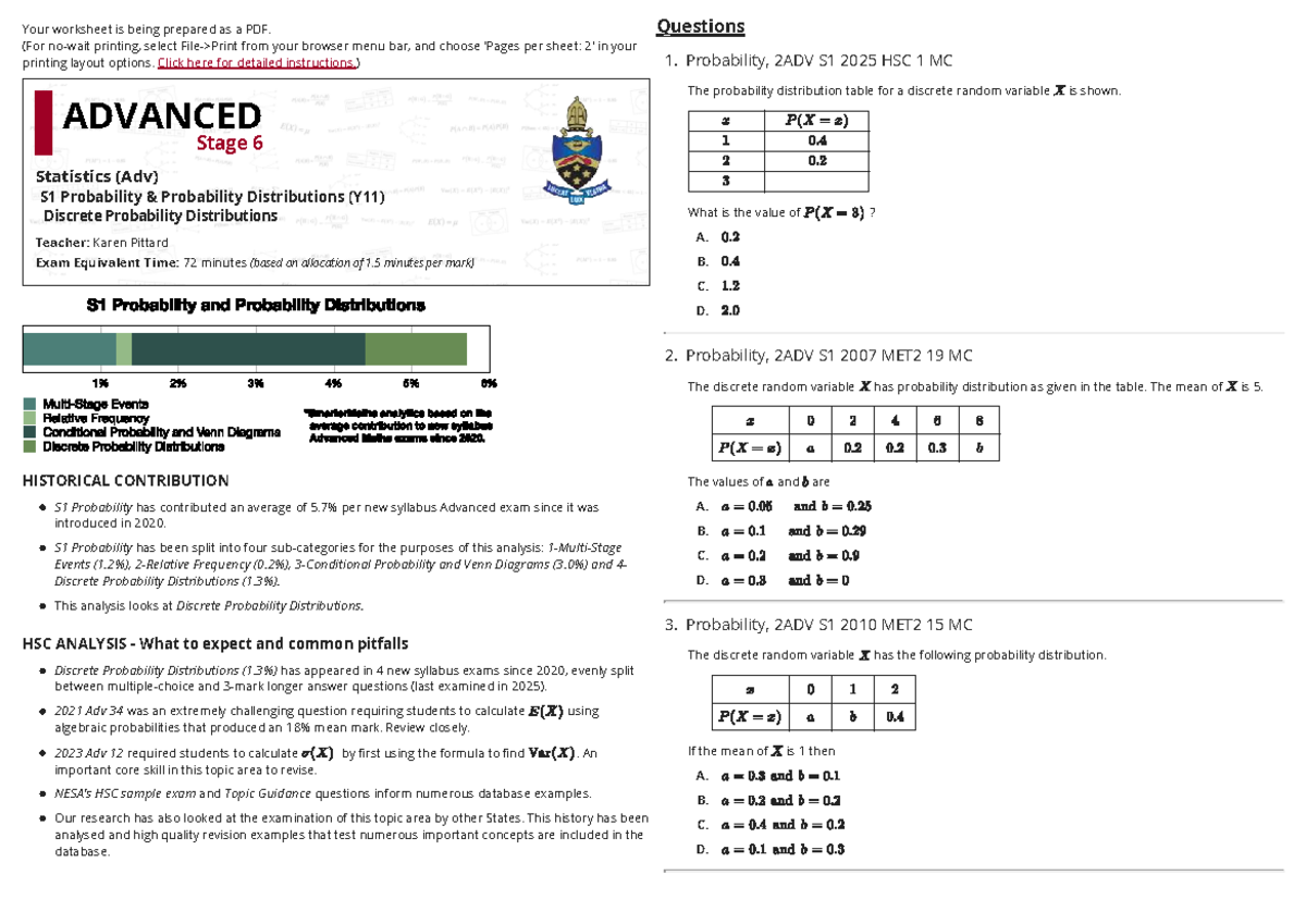 Past HSC Exam Questions on Discrete Probability Distributions (2ADV ...