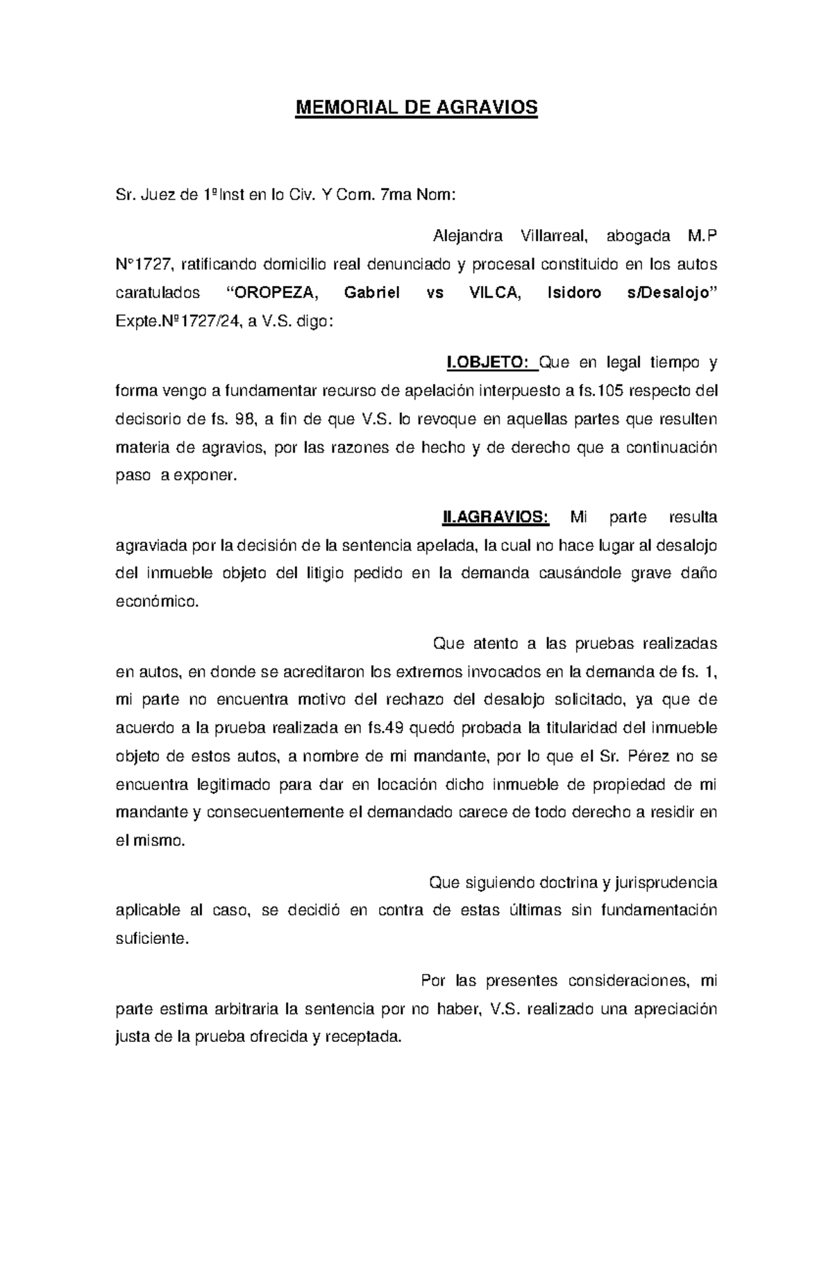Modelo de Memorial de Agravios 2024 para Apelación - Expte. Nº1727/24 ...