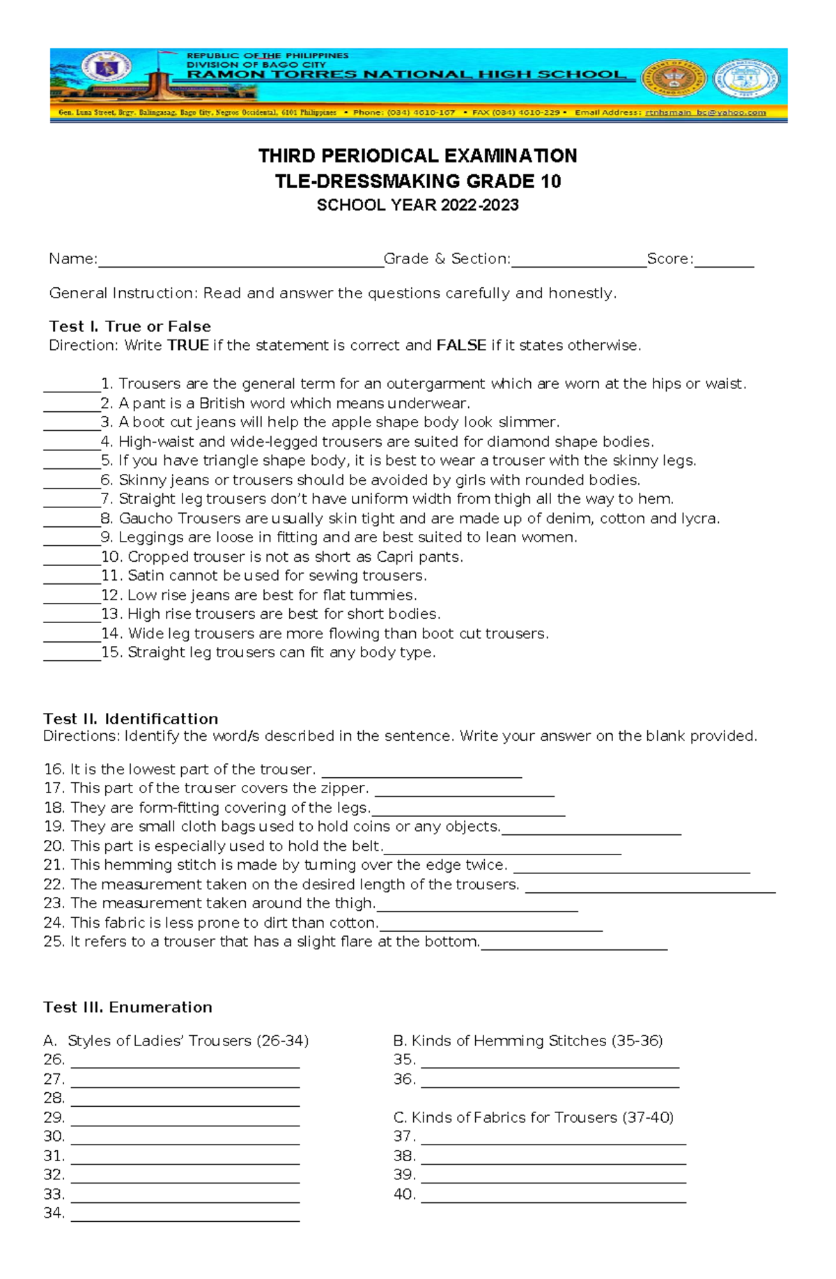 TLE DRESSMAKING GRADE 10 THIRD PERIODICAL EXAMINATION 2022-2023 - Studocu