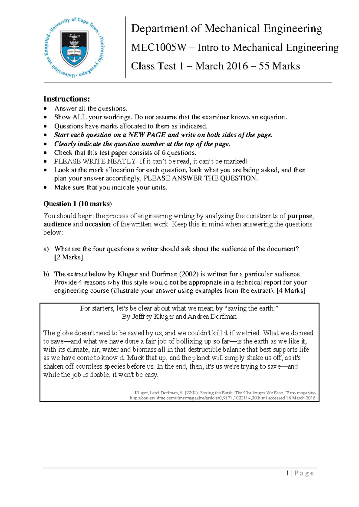 MEC1005W Intro to Mechanical Engineering Class Test 1 - March 2016 ...