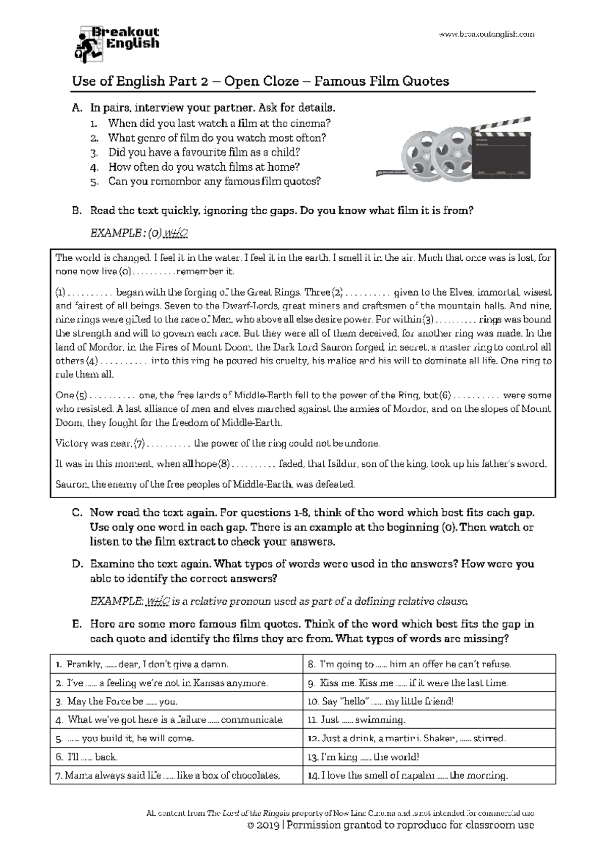 FCE UoE Open Cloze: Famous Film Quotes Practice & Exercises - Studocu