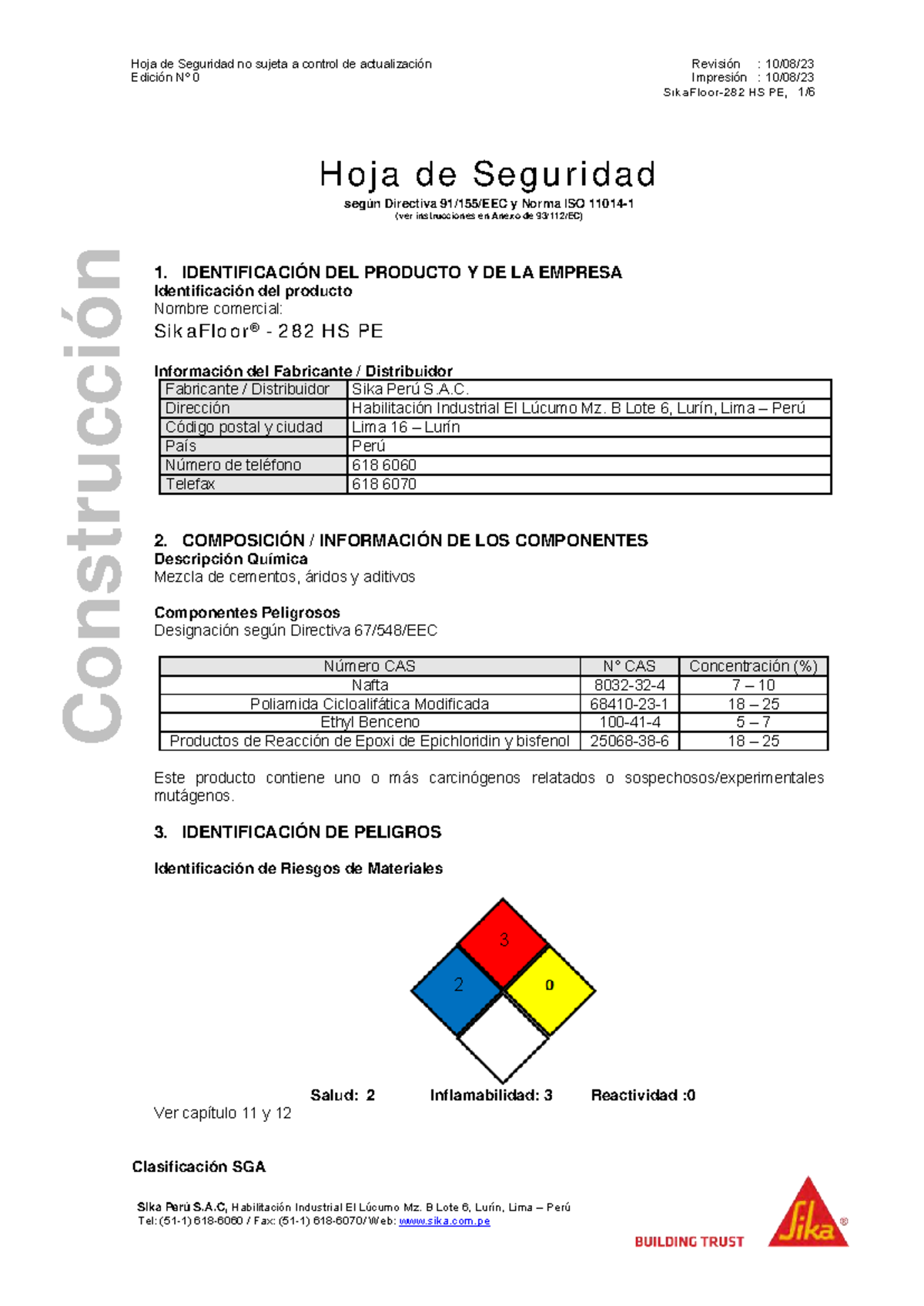 Hoja de Seguridad MSDS 282 HS PE - Sika Perú S.A.C. - Studocu