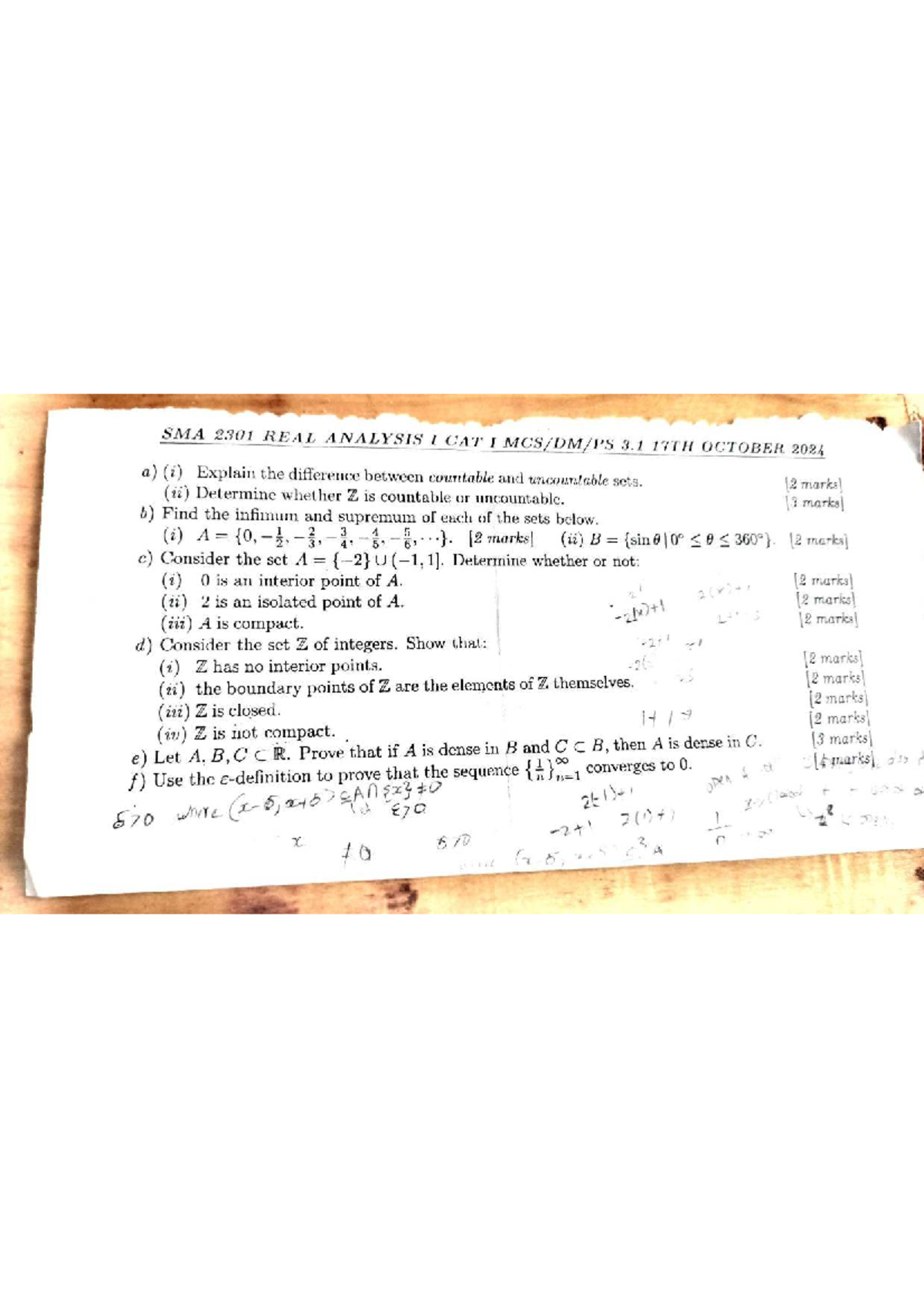 SMA 2301 REAL ANALYSIS I CAT I 3.1 NOTES - 17TH OCT 2024 - Studocu