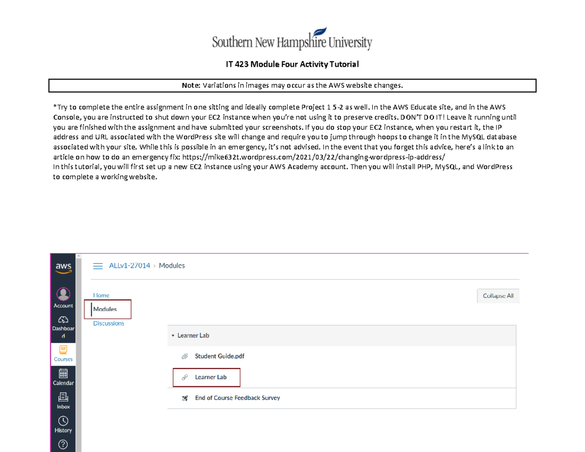 IT 423 Module Four Activity: EC2 Setup and WordPress Installation Guide ...