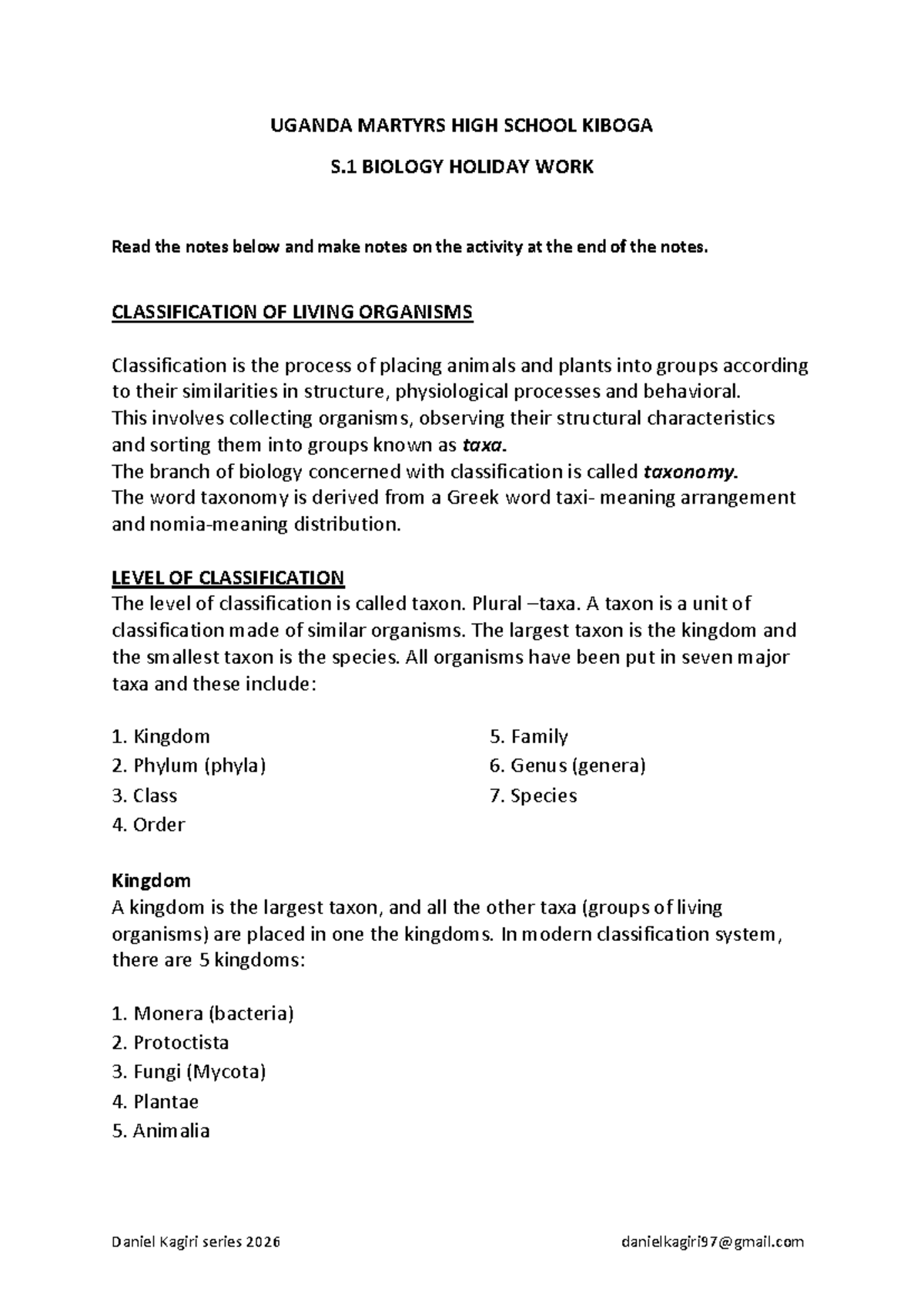 Umhsk S.1 Biology Holiday Work: Classification of Living Organisms ...