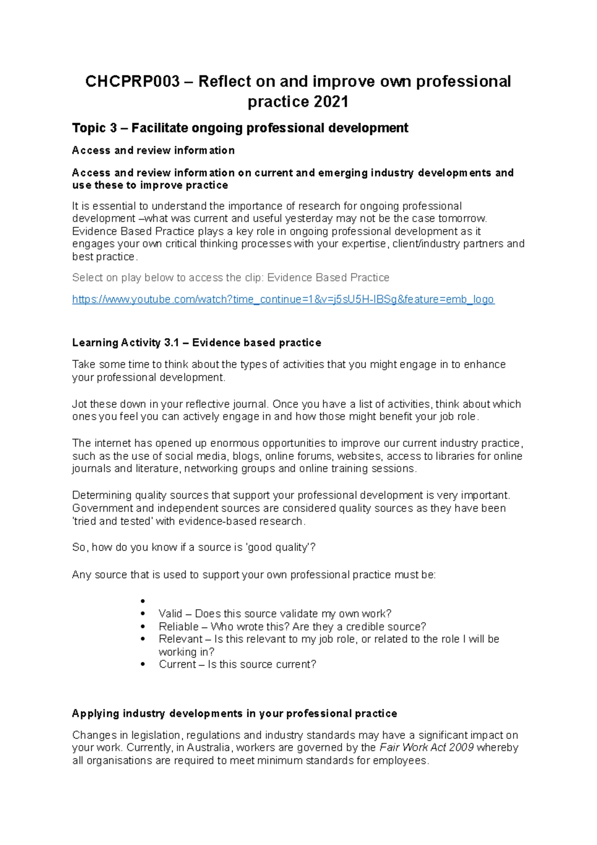 CHCPRP003 - Topic 1 - CHCPRP003 – Reflect on and improve own professional practice 2021 Topic 1 ...