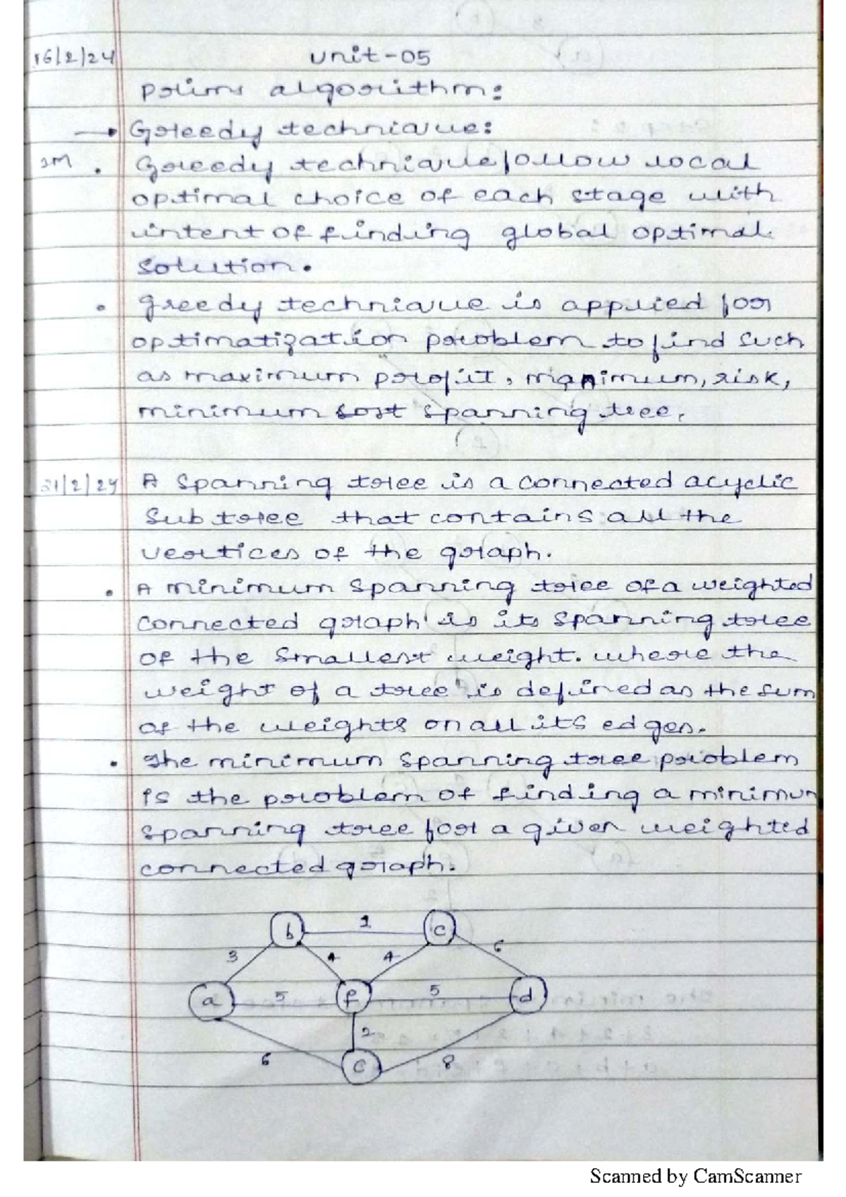 Ada Unit 5 - Notes on Prim's Algorithm and Greedy Techniques - Studocu