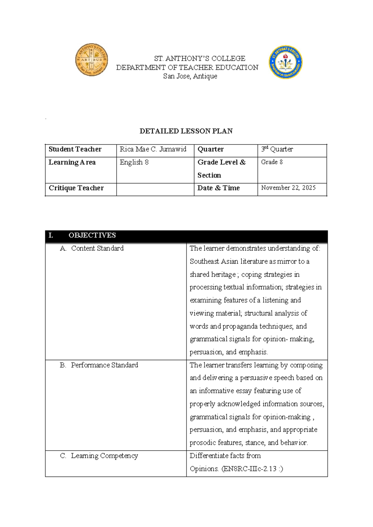 Detailed Lesson Plan: Fact vs. Opinion - English 8 (3rd Quarter) - Studocu