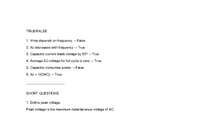 AC Circuit True/False & Short Questions - Lab - Studocu