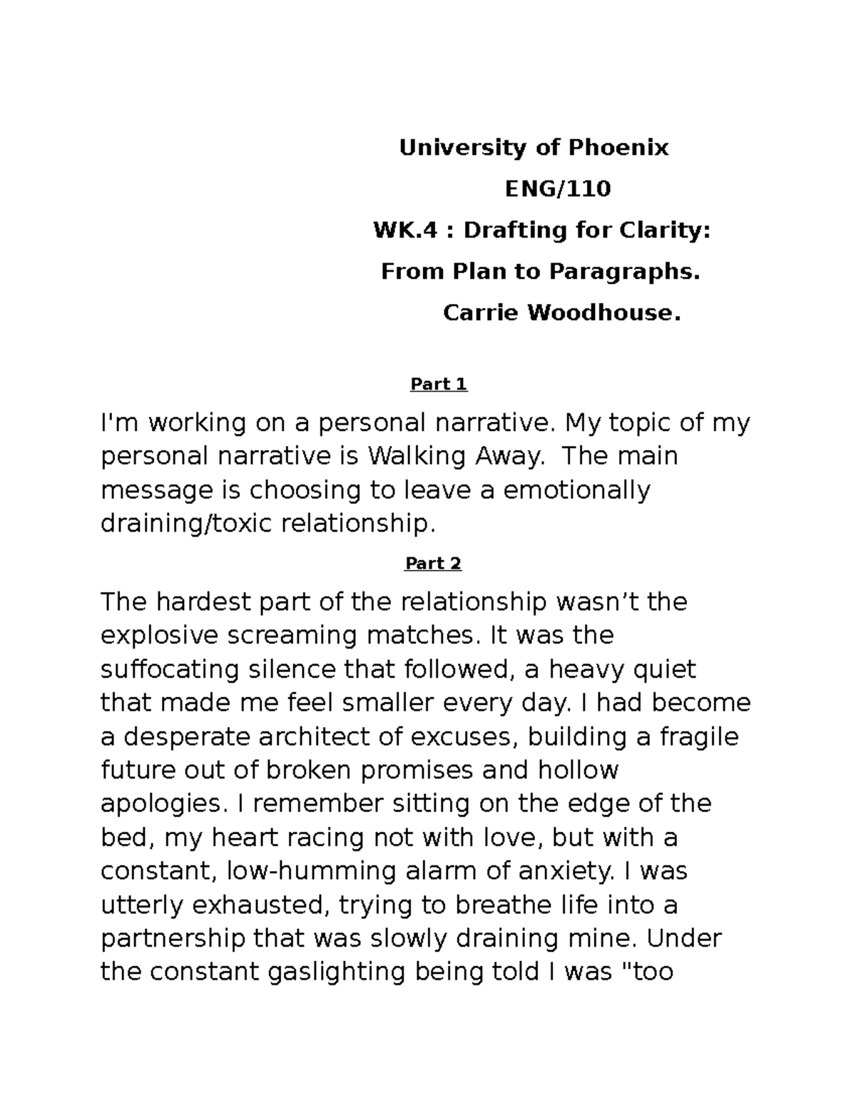 University of Phoenix WK.4: Personal Narrative Draft on Emotional ...