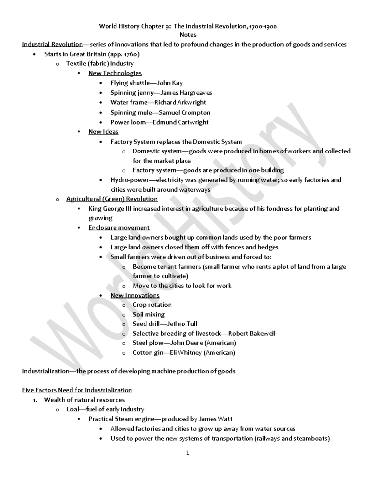 Chapter 9 Industrial Revolution lecture notes - Notes Industrial ...