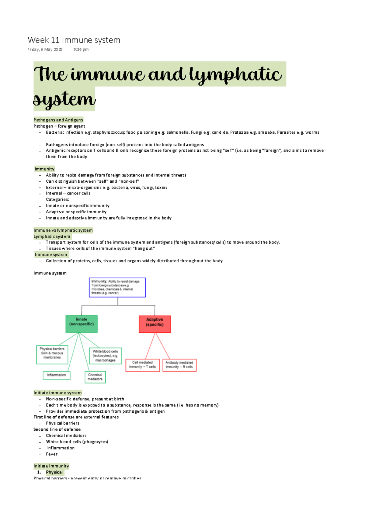 Week 11 Immunology Notes: Immune & Lymphatic Systems Overview - Studocu