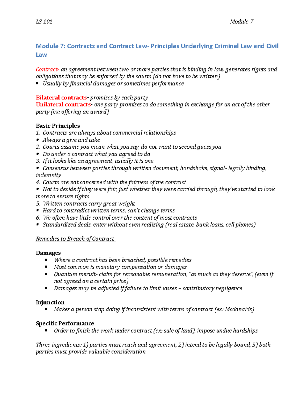 LS 101 - Module 7 Notes - LS 101 Module 7 Module 7: Contracts and ...