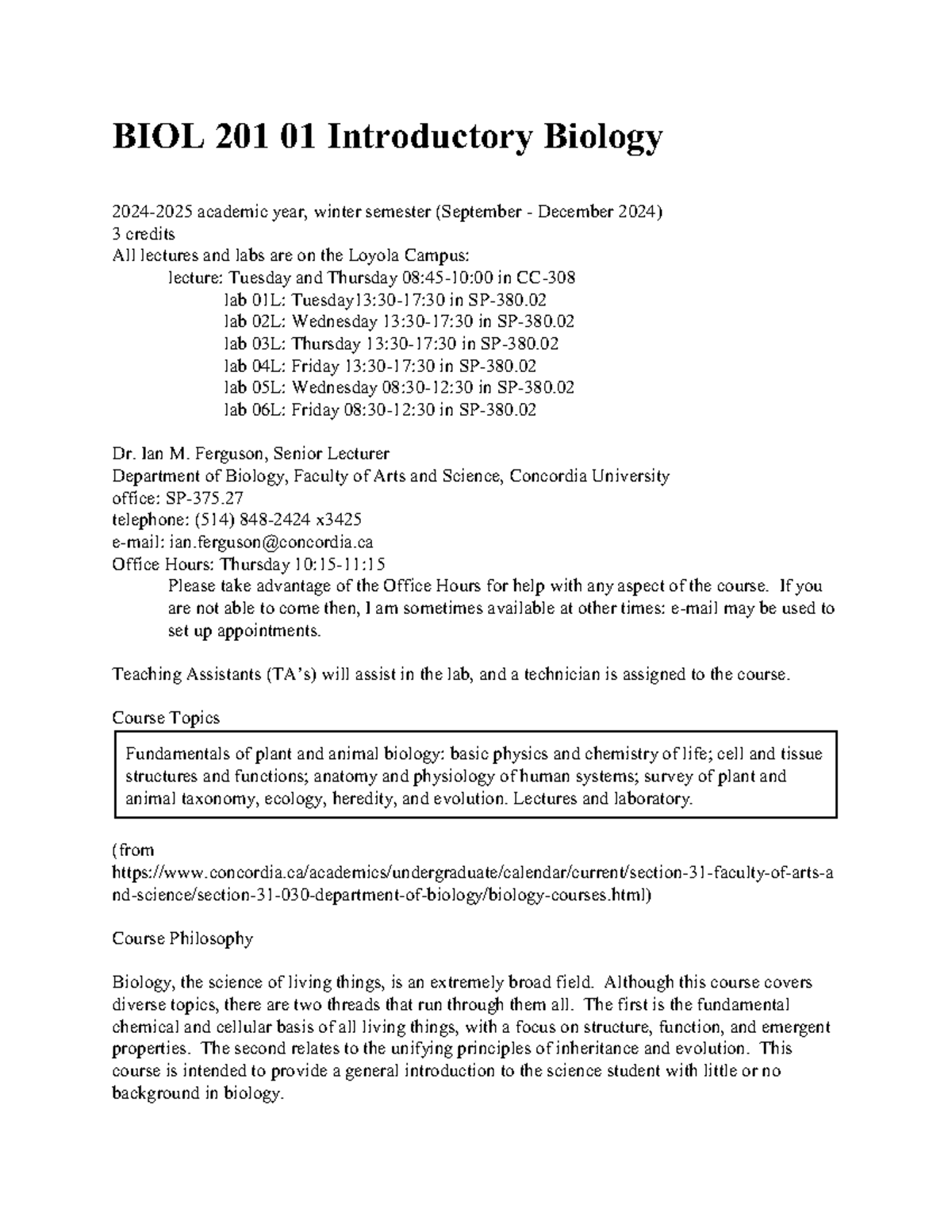 BIOL 201 01 Course Outline: Introductory Biology Fall 2024 - Studocu