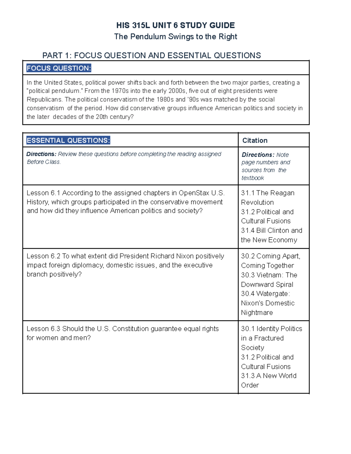 Unit 6 Study Guide - HIS 315L UNIT 6 STUDY GUIDE The Pendulum Swings to ...