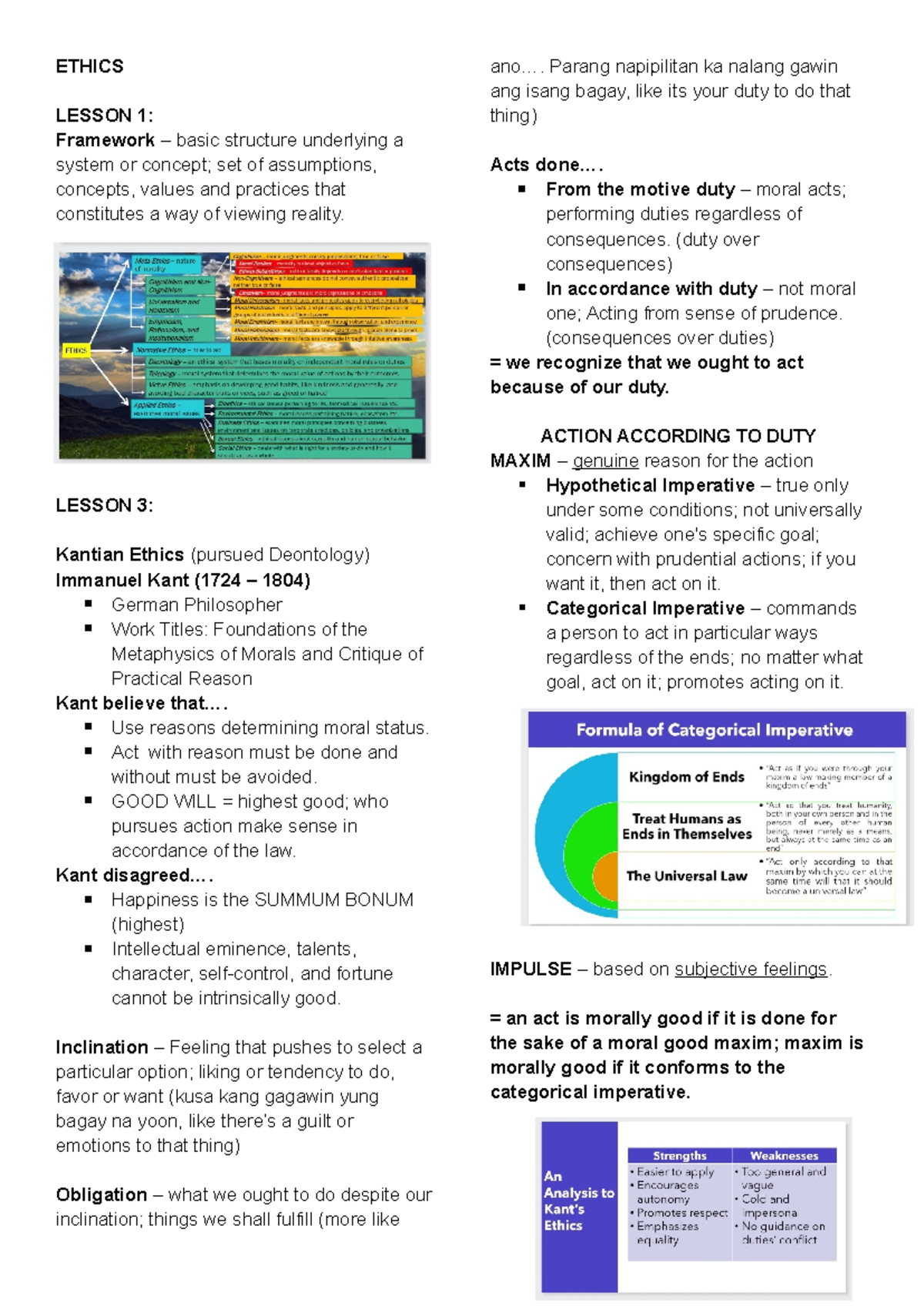 ETHICS LESSON 1 & 3: Kantian Ethics Overview and Key Concepts - Studocu