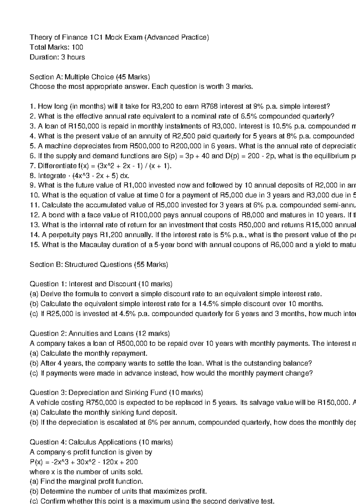 Mock Exam: Theory of Finance 1C1 (Advanced Practice) - Total Marks: 100 ...