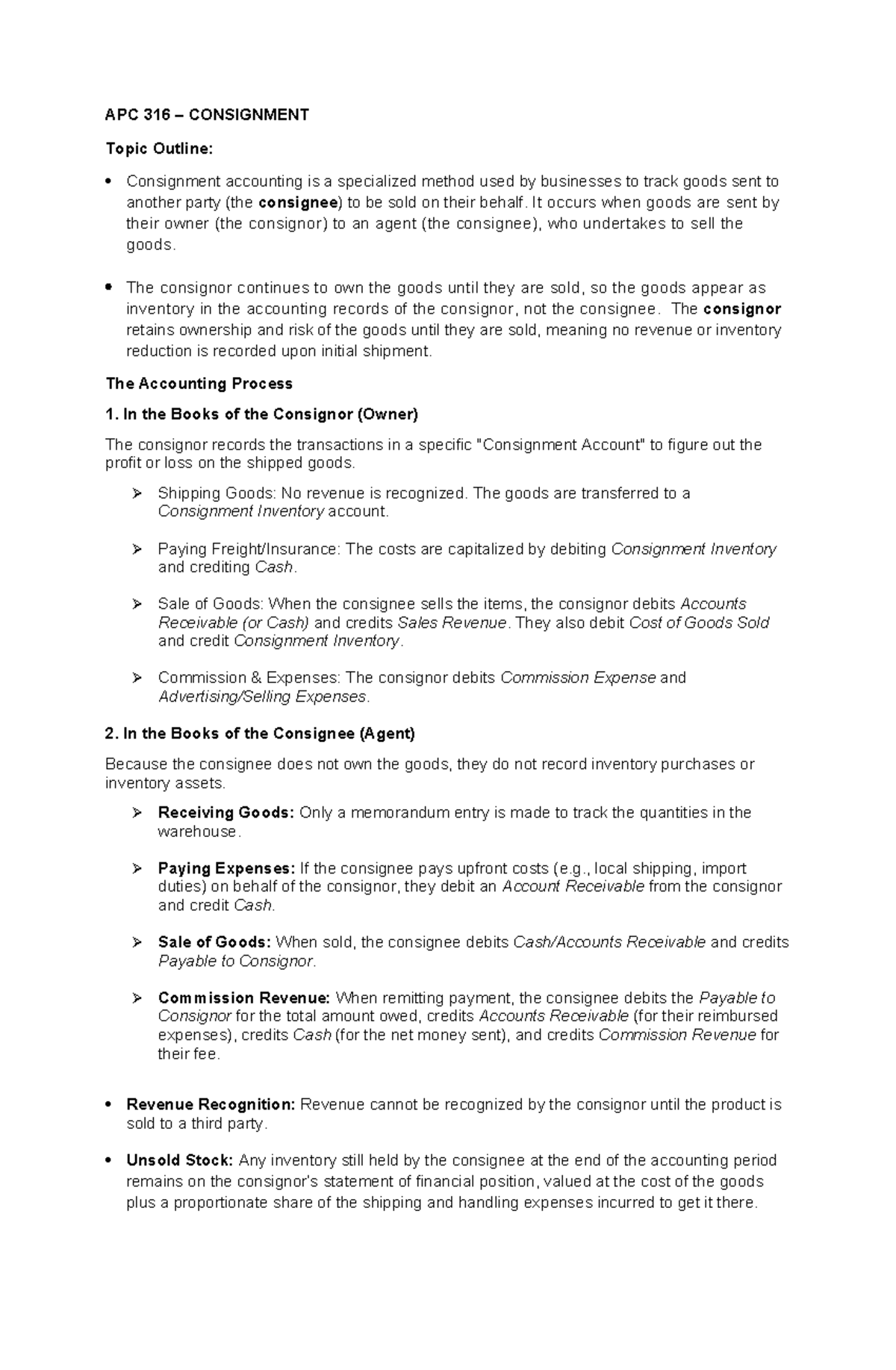 APC 316 CONSIGNMENT Accounting Process Overview and Guidelines - Studocu
