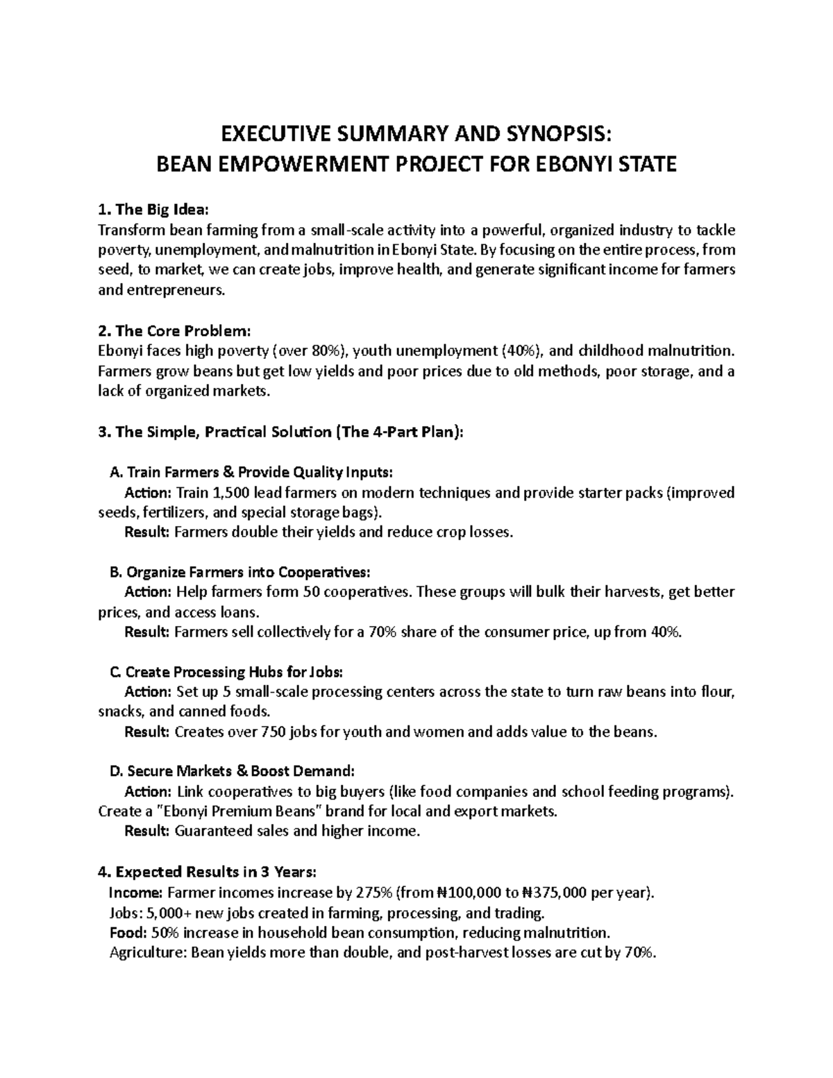 EXECUTIVE SUMMARY: Practical Implementation of Ebonyi Beans Project ...