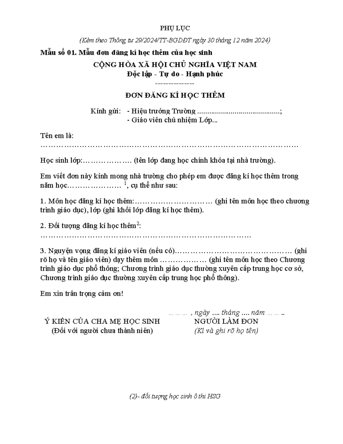 Mẫu Đơn Đăng Kí Học Thêm HSG - PL-Mau1-LLL - Studocu