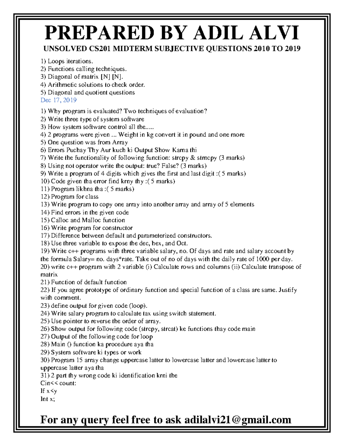 CS201 Midterm Subjective Questions Compilation (2010-2019) - Studocu