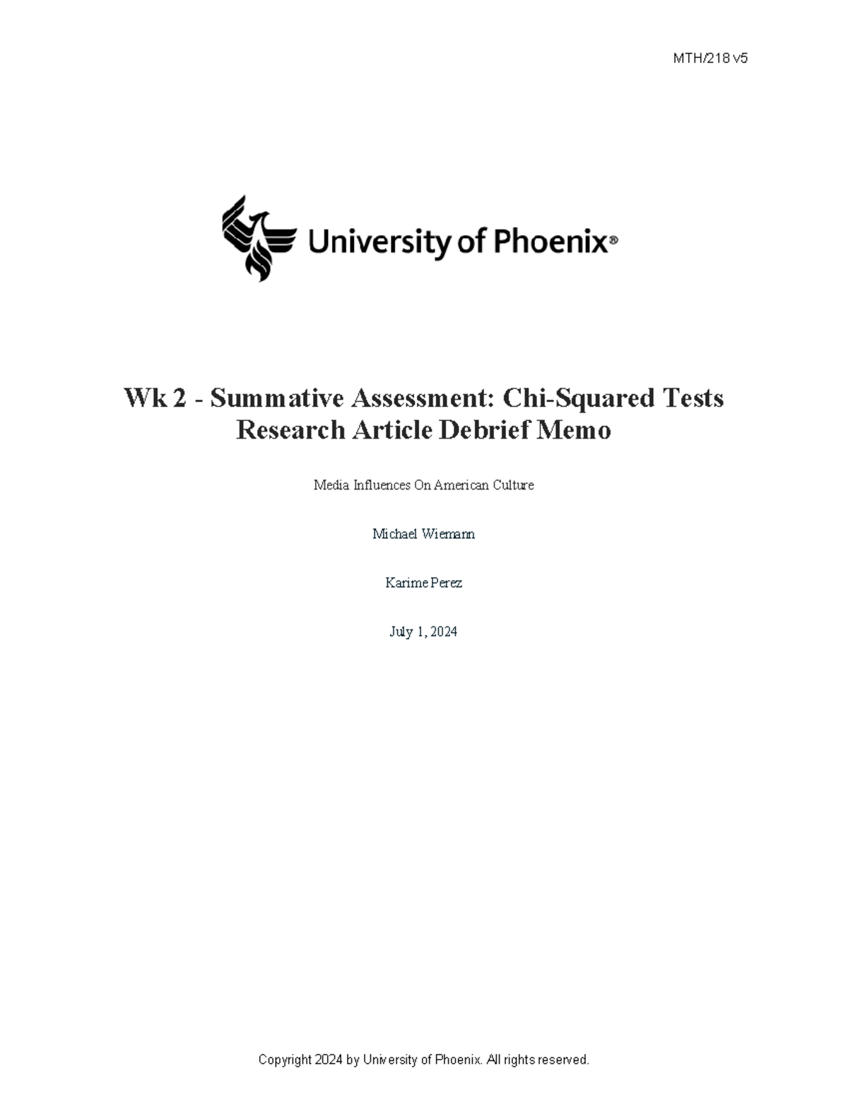 WK 2 MTH218 Summative Assessment: Chi-Squared Tests Debrief Memo - Studocu