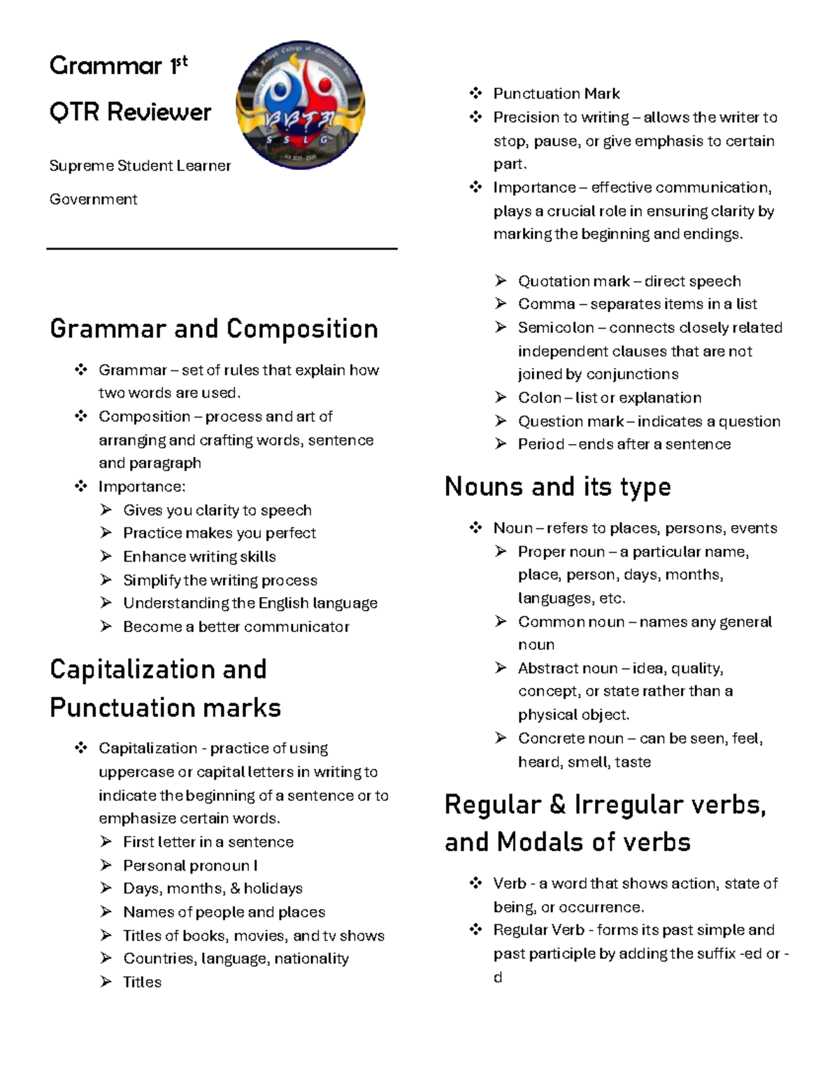 Grammar 1st QTR Reviewer: Mastering Composition & Rules - Studocu