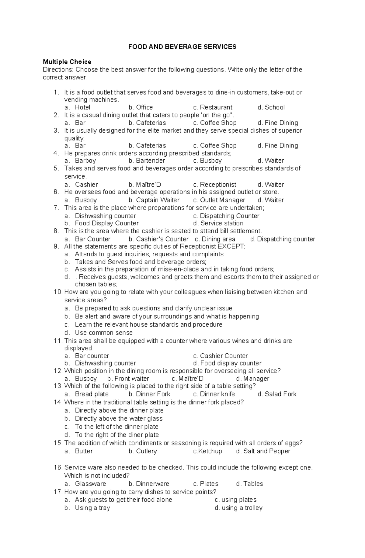 FOOD AND BEVERAGE SERVICES MCQ Review for FBS 101 - Studocu