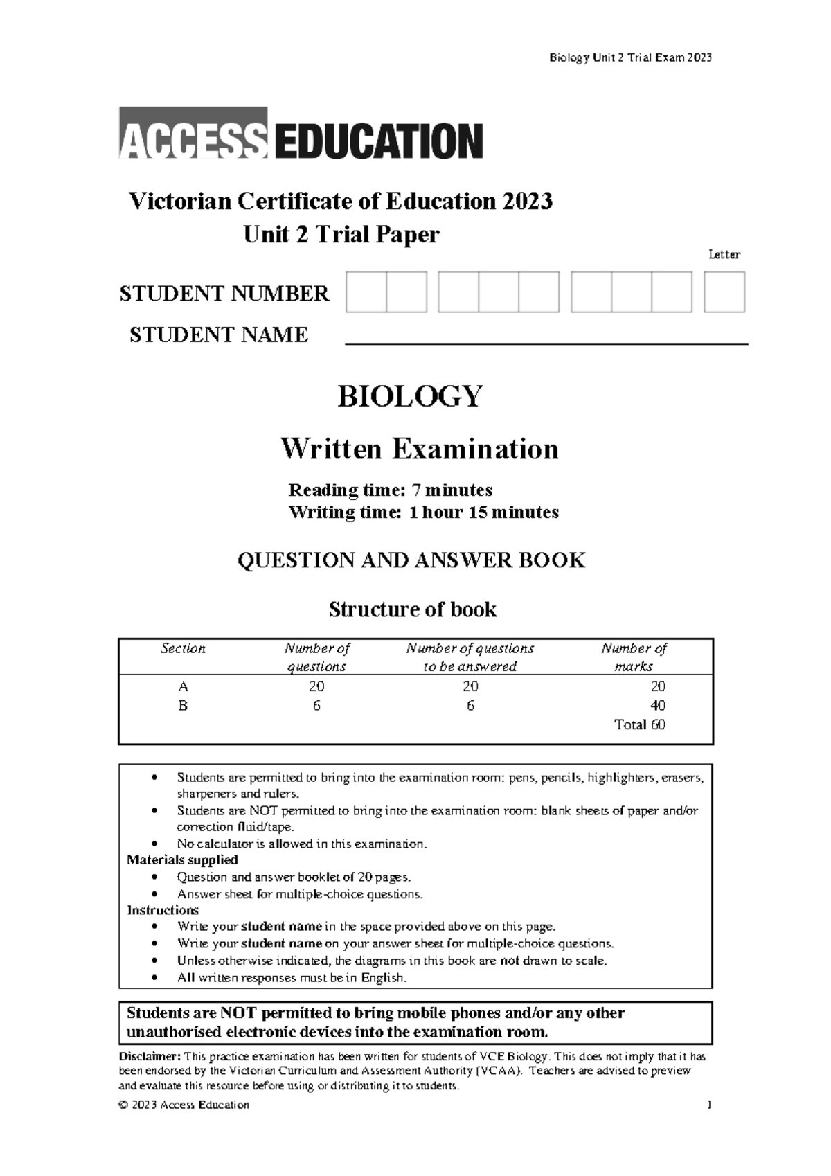 Access Ed VCE Biology Unit 2 Trial Exam 2023 - Studocu